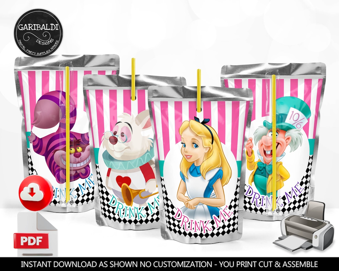 Alice in Wonderland Juice Pouch Labels Printable Drink Me Wonderland ...