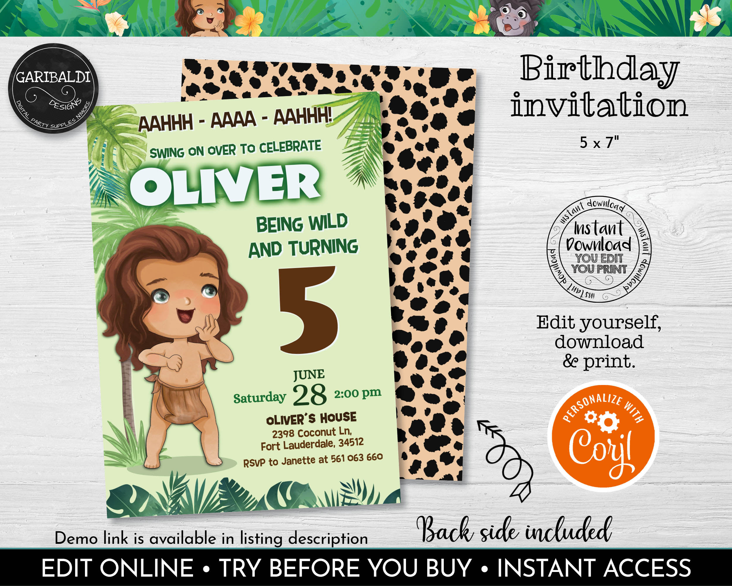 Editable Jungle Invitation, Printable Wild One Birthday Party ...