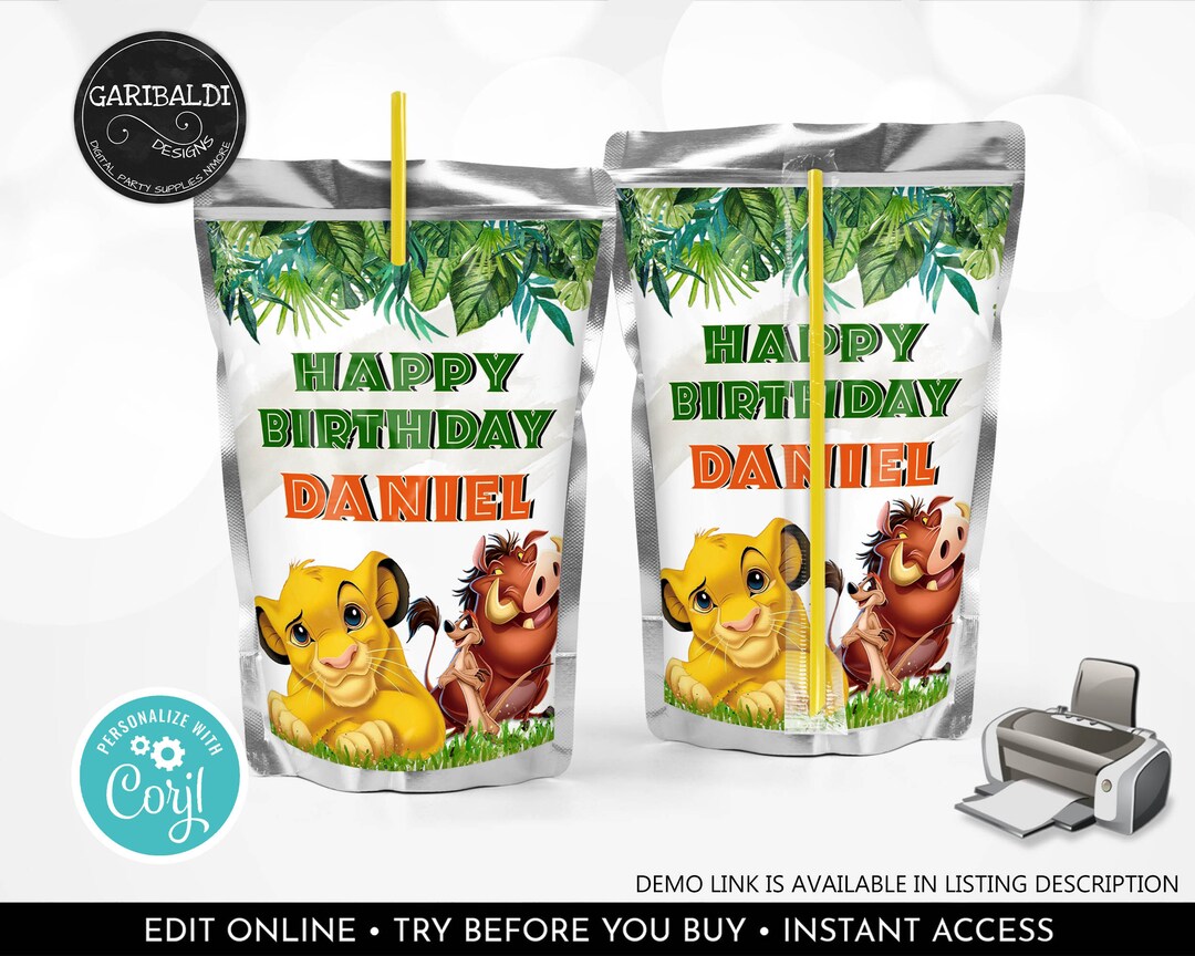 Editable Lion King Juice Pouch Label Safari Lion Juice Label Party ...