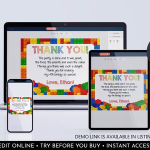 Editable Building Blocks Thank You Card, Instant Download Birthday ...