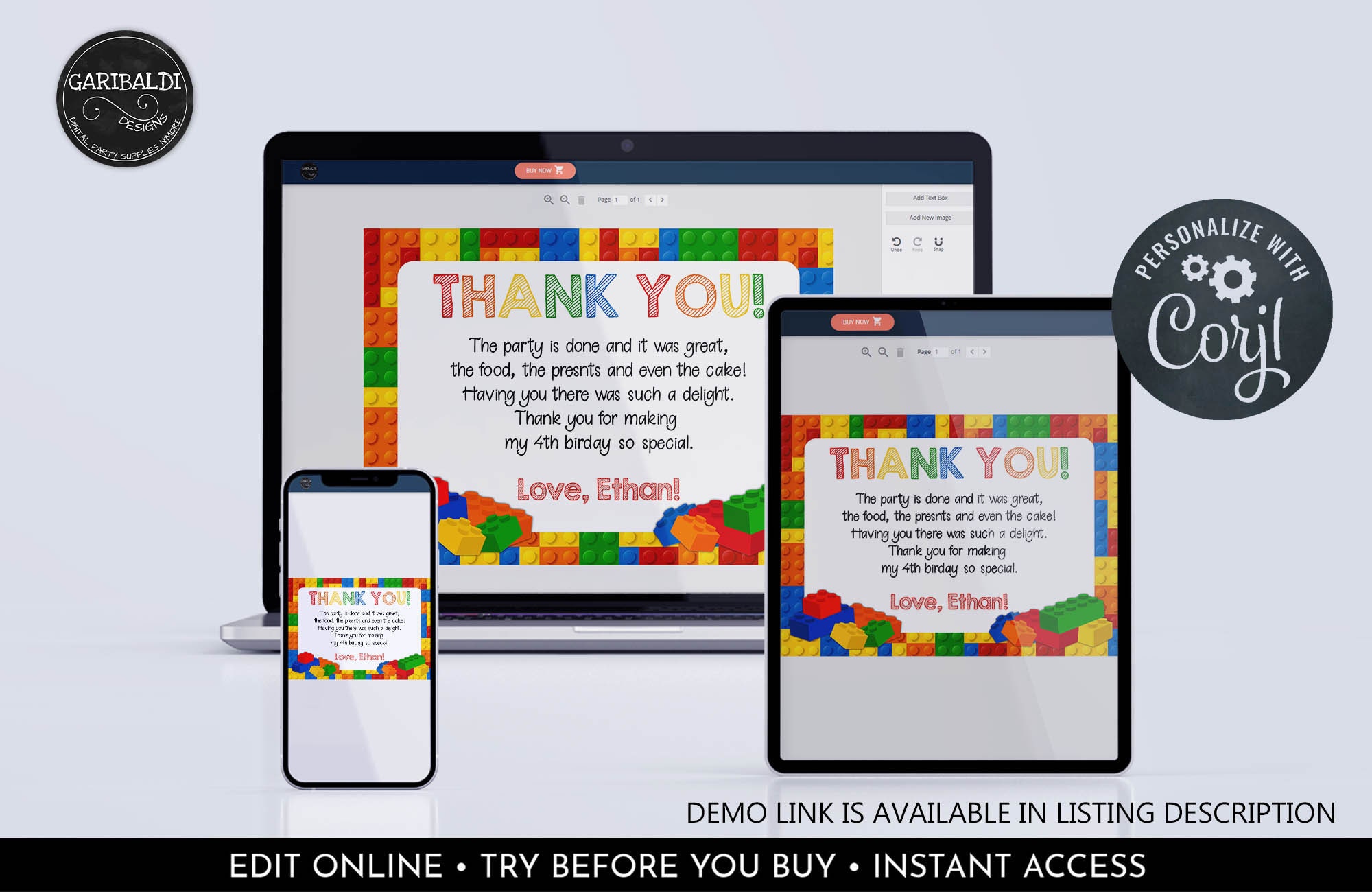 Editable Building Blocks Thank You Card, Instant Download Birthday ...