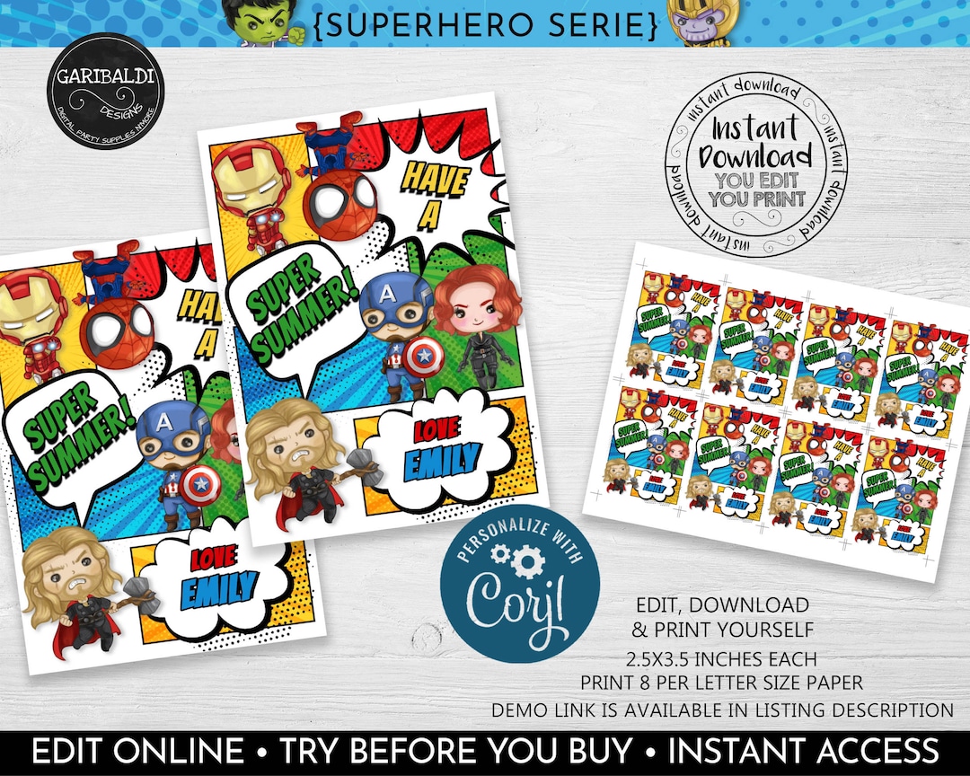 Editable Superhero Favor Tags Have a Super Summer Gift Tag Last Day of ...