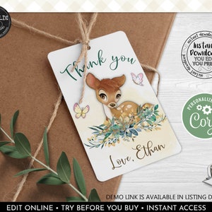 Editable Little Deer Party Favor Tags, Floral Baby Deer Gift Tags ...