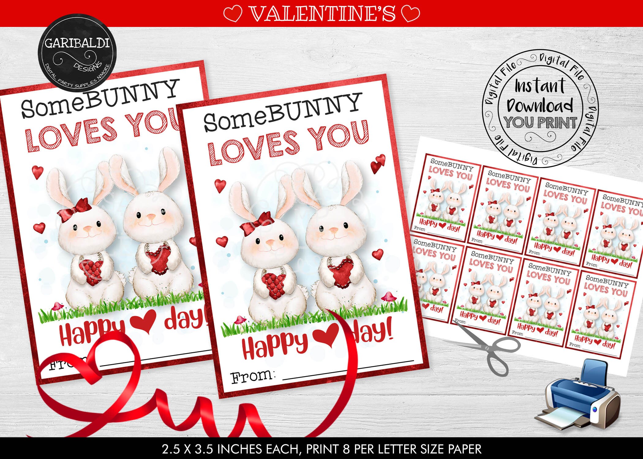 Printable Bunny Valentine's Day Card Some Bunny Loves You Valentine's ...