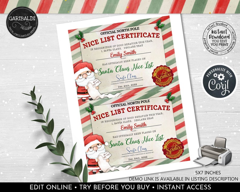 Editable Santa Claus Official Nice List Certificate - Etsy
