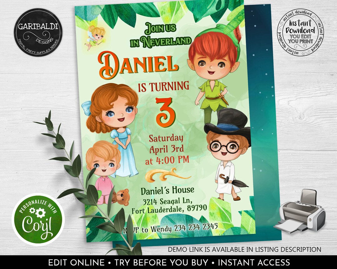 Peter Pan Invitation Self Editable Peter Pan Birthday Party Invitation ...