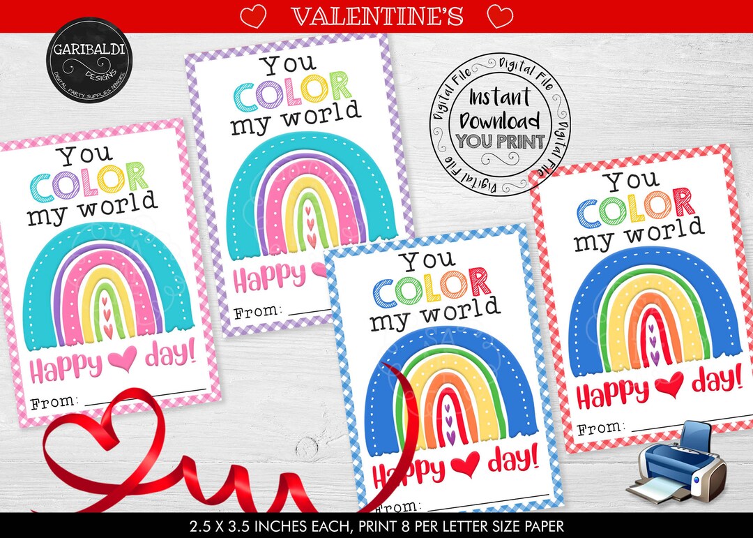 Printable Rainbow Valentine's Day Card You Color My World Valentine's ...