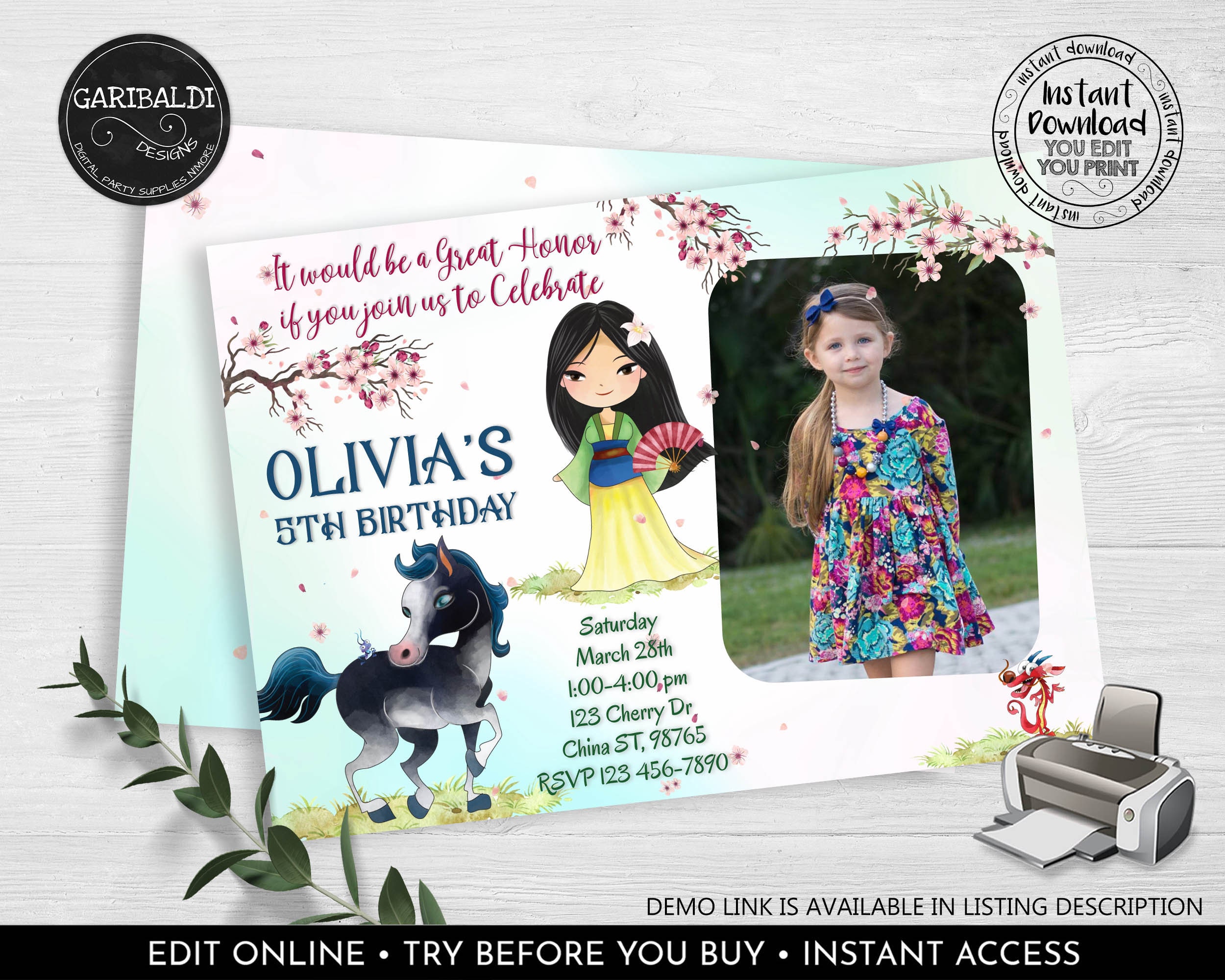 Editable Mulan Invitation Printable Mulan Photo Invitation - Etsy