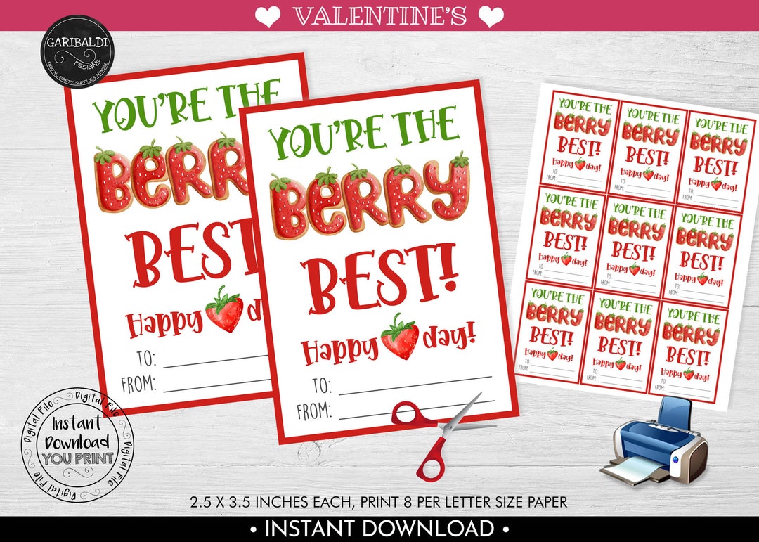 You Are the Berry Best Valentine's Day Card Instant Download Strawberry ...