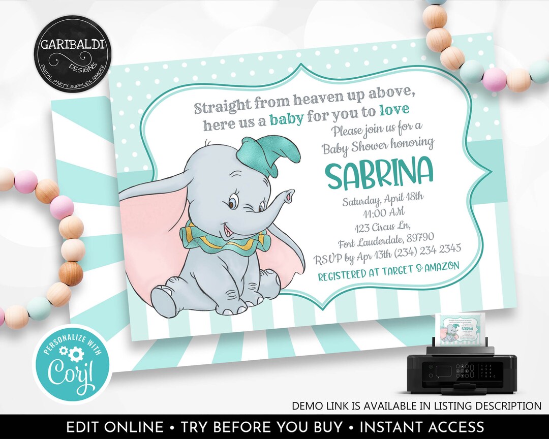 Dumbo Baby Shower Invitation Editable Mint Baby Elephant Party ...