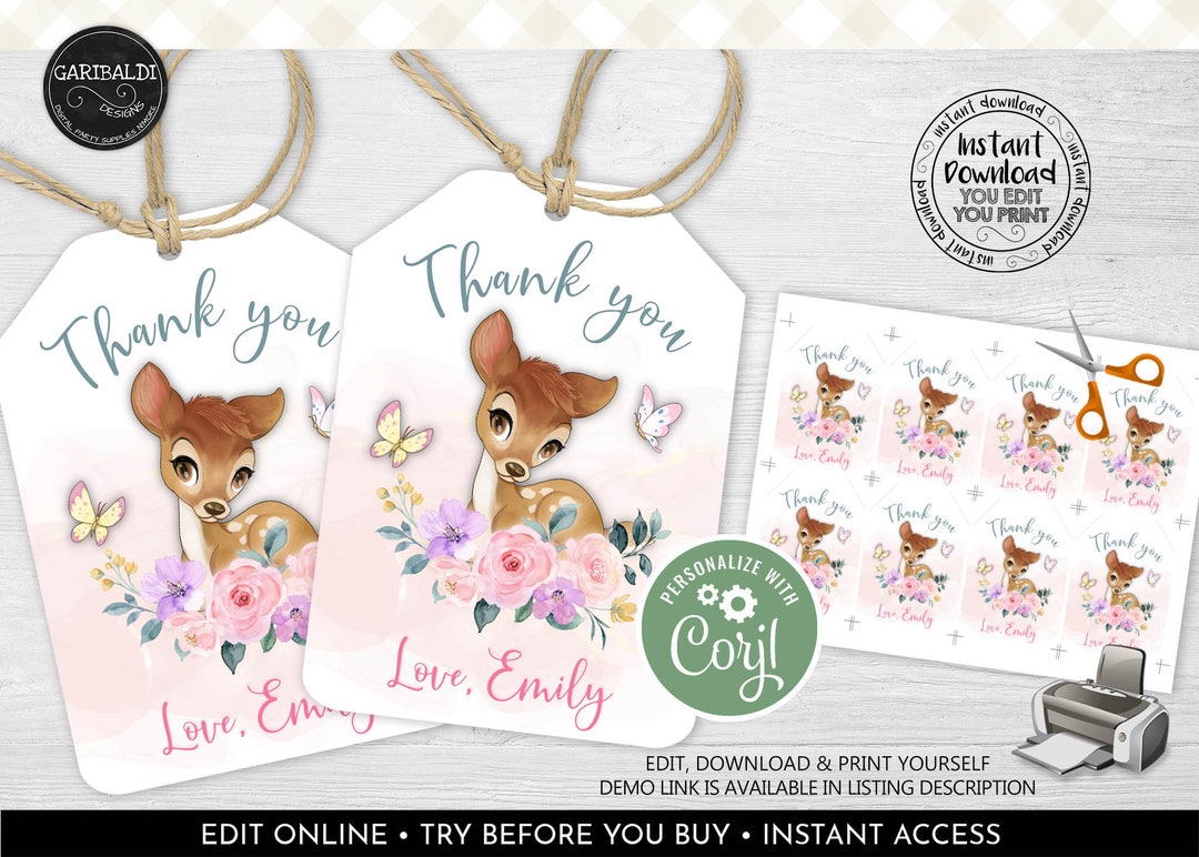 Editable Little Deer Party Favor Tags, Floral Baby Deer Gift Tags ...