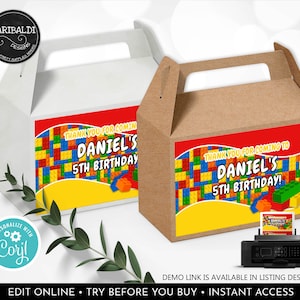 Editable Building Blocks Gable Box Label Building Bricks Party Favor ...