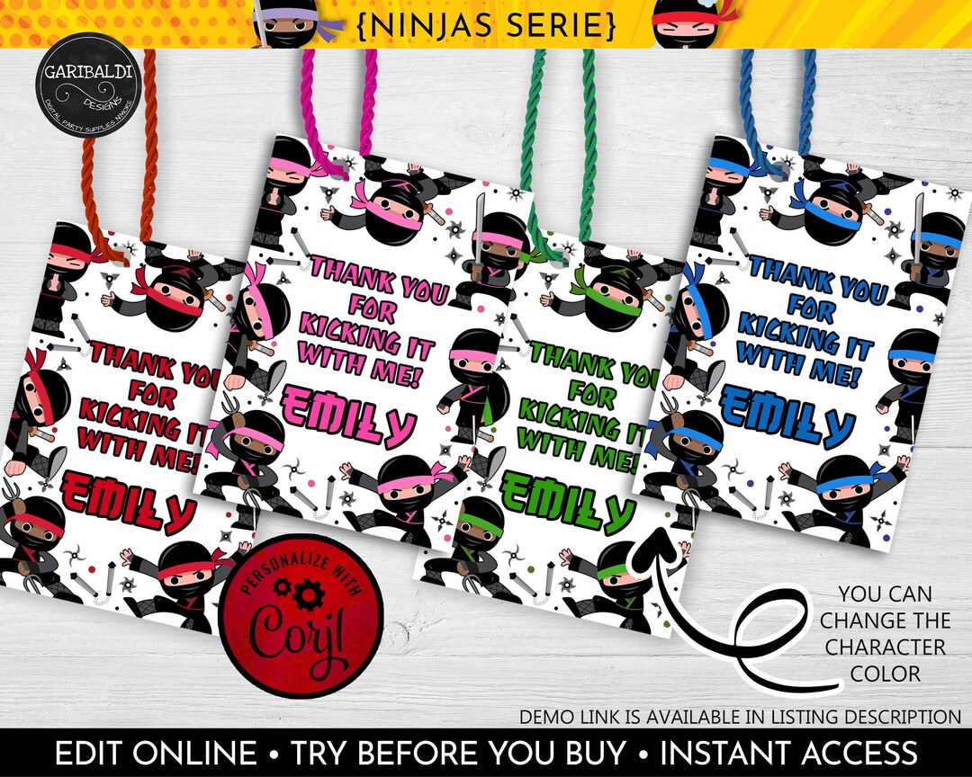 Editable Ninja Favor Tags Ninja Gift Tags Instant Download Ninja Thank ...
