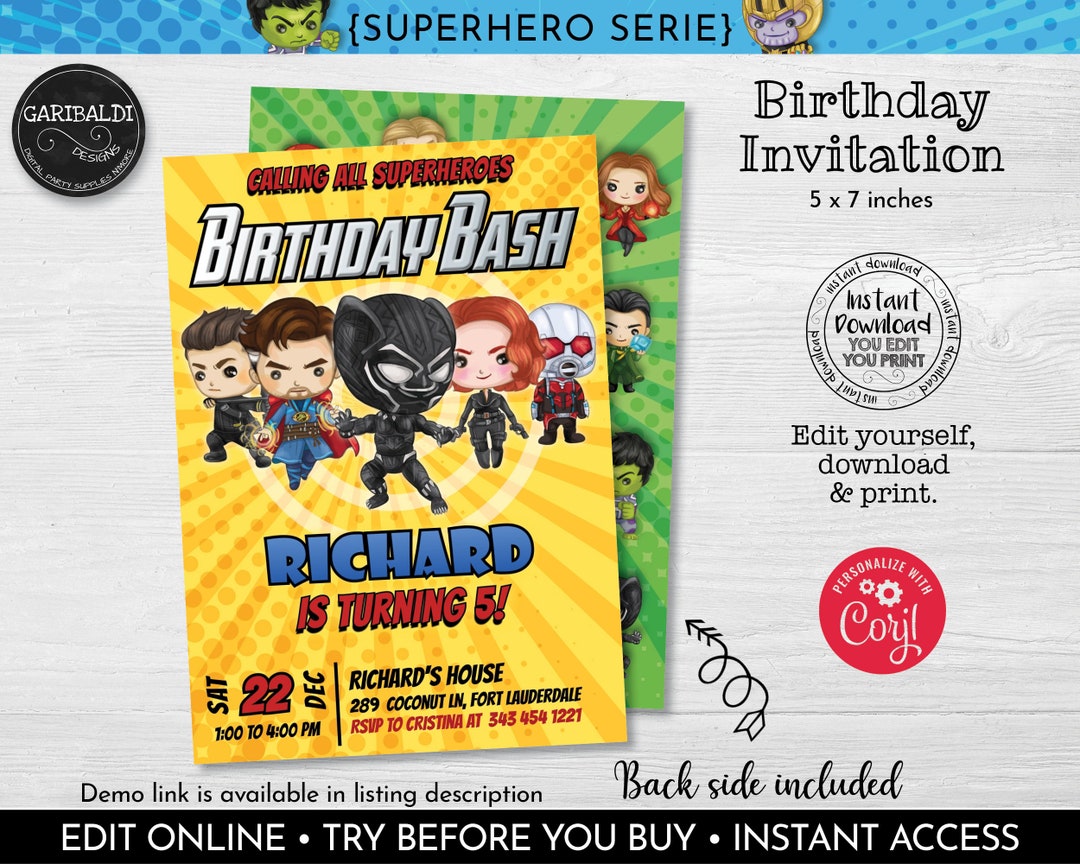 Editable Superhero Invitation, Instant Download Superhero Birthday ...