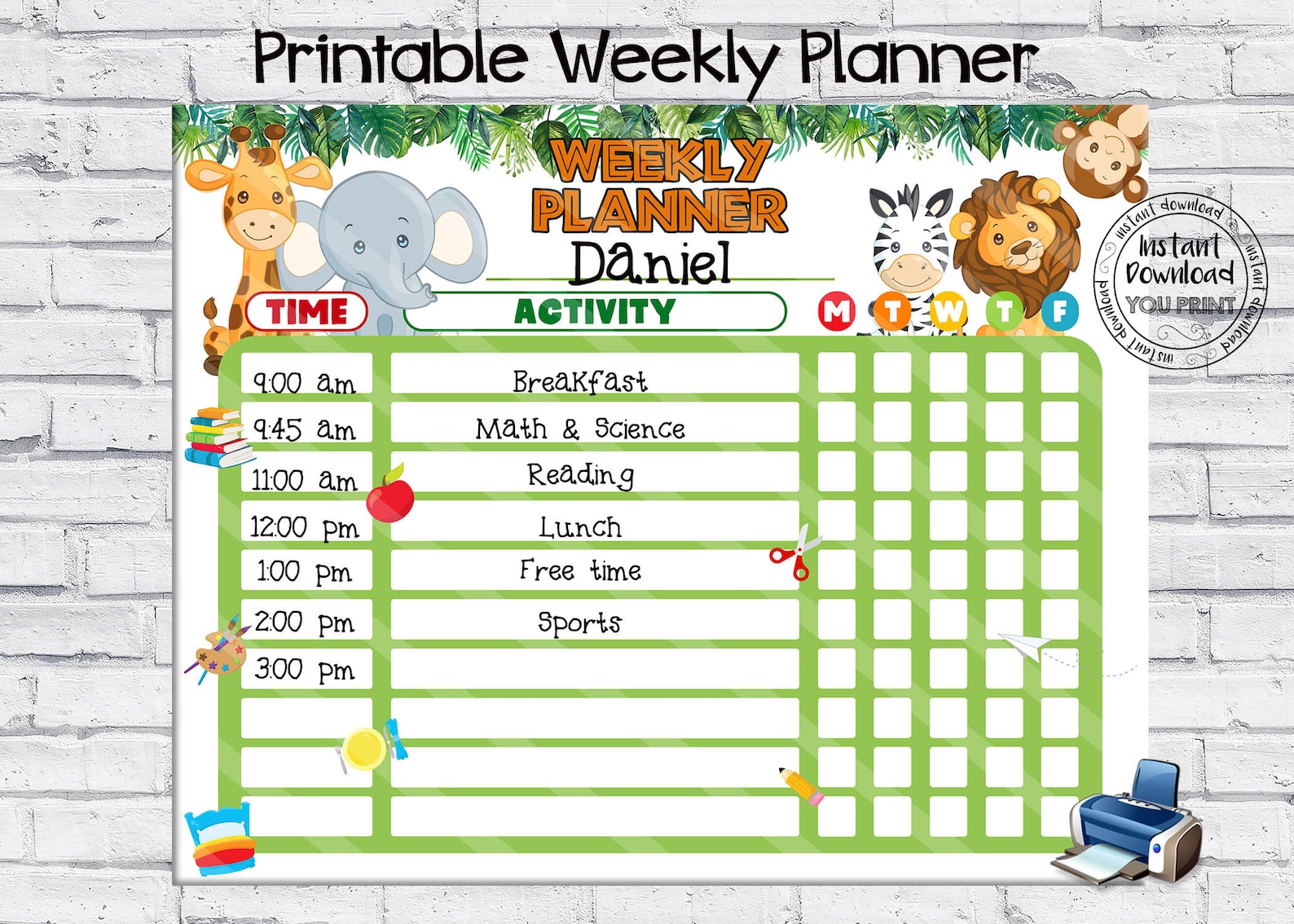 Instant Download Safari Planner Printable Jungle Animals Schedule Chart ...