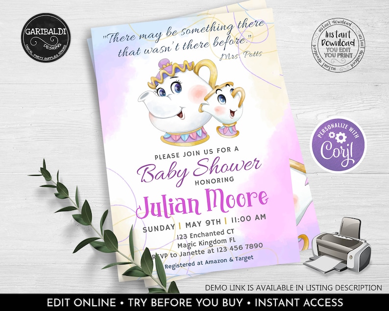 Editable Mrs. Potts Baby Shower Invitation Tea Party Invite Chip Baby ...