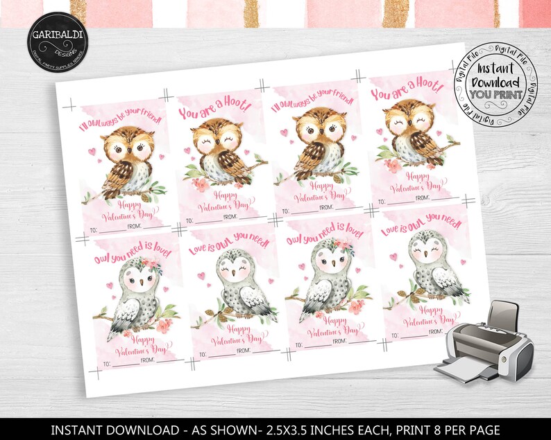 Owl Valentine's Day Cards Printable Owl Valentine Gift - Etsy