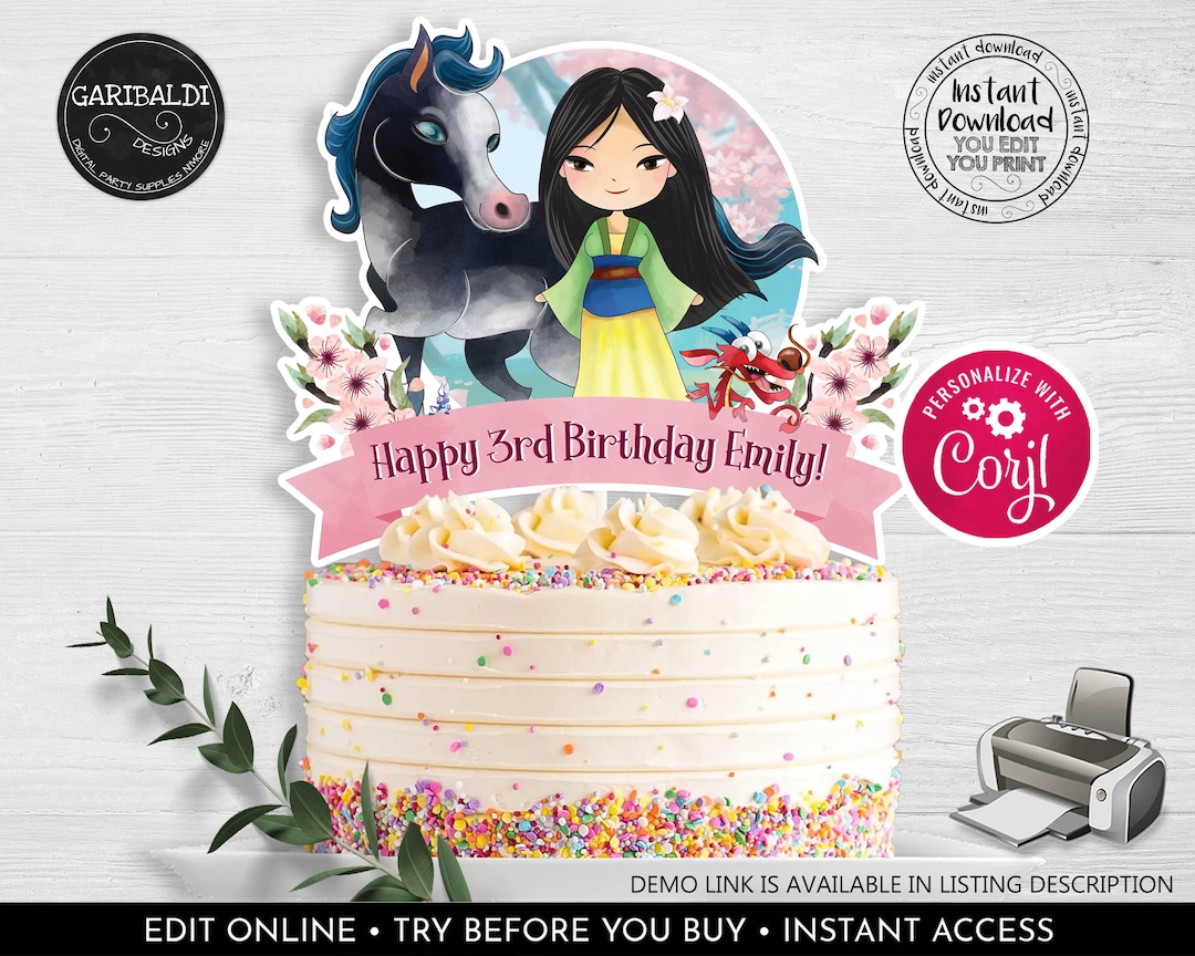Printable Mulan Cake Topper Editable Mulan Birthday Party Supplies ...
