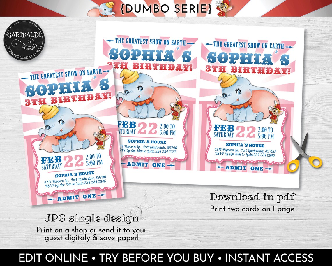 Editable Dumbo Invitation Dumbo Pink Invitation Dumbo | Etsy