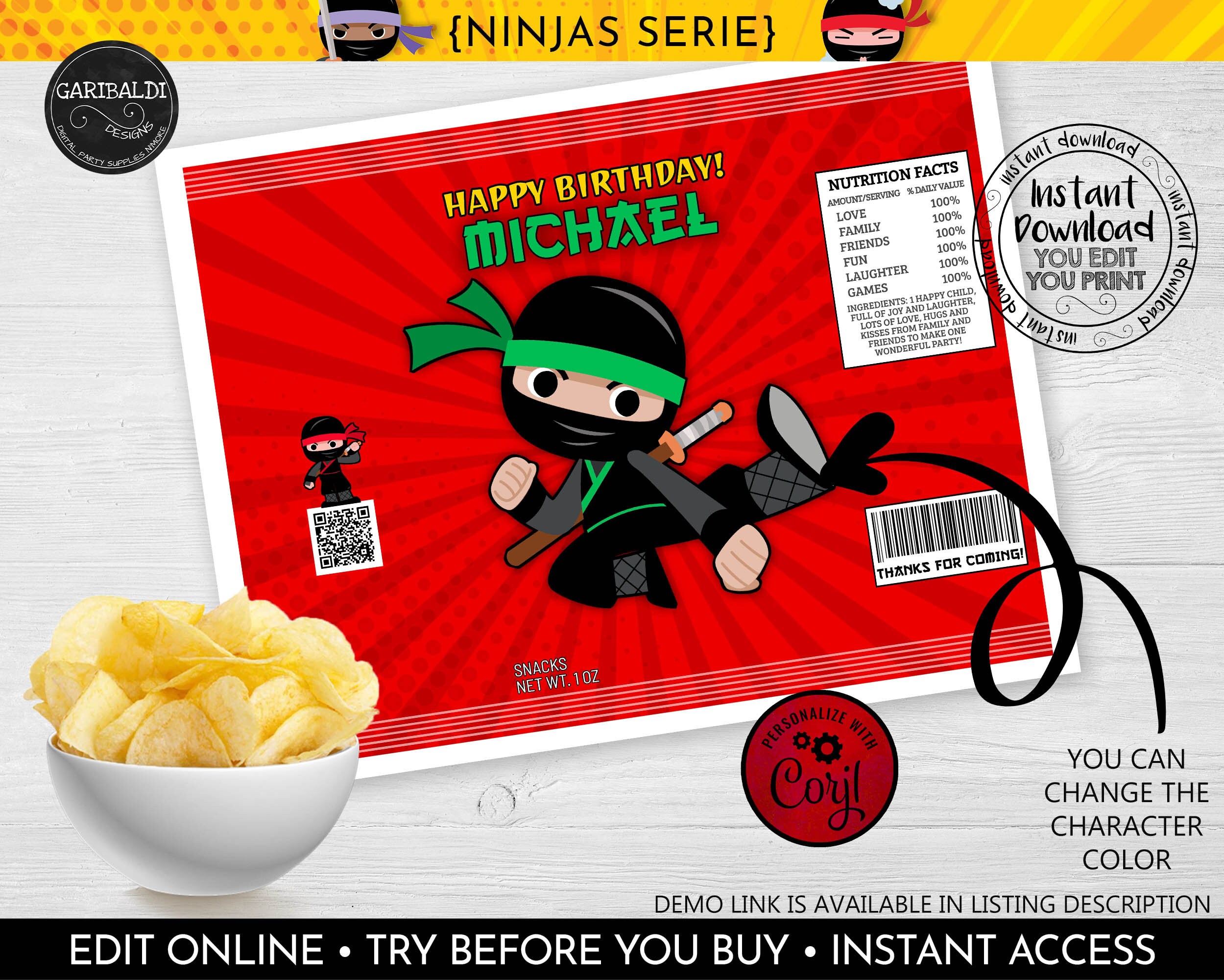 Editable Chip Bag Template Ninja Chip Bags Wrapper Instant - Etsy