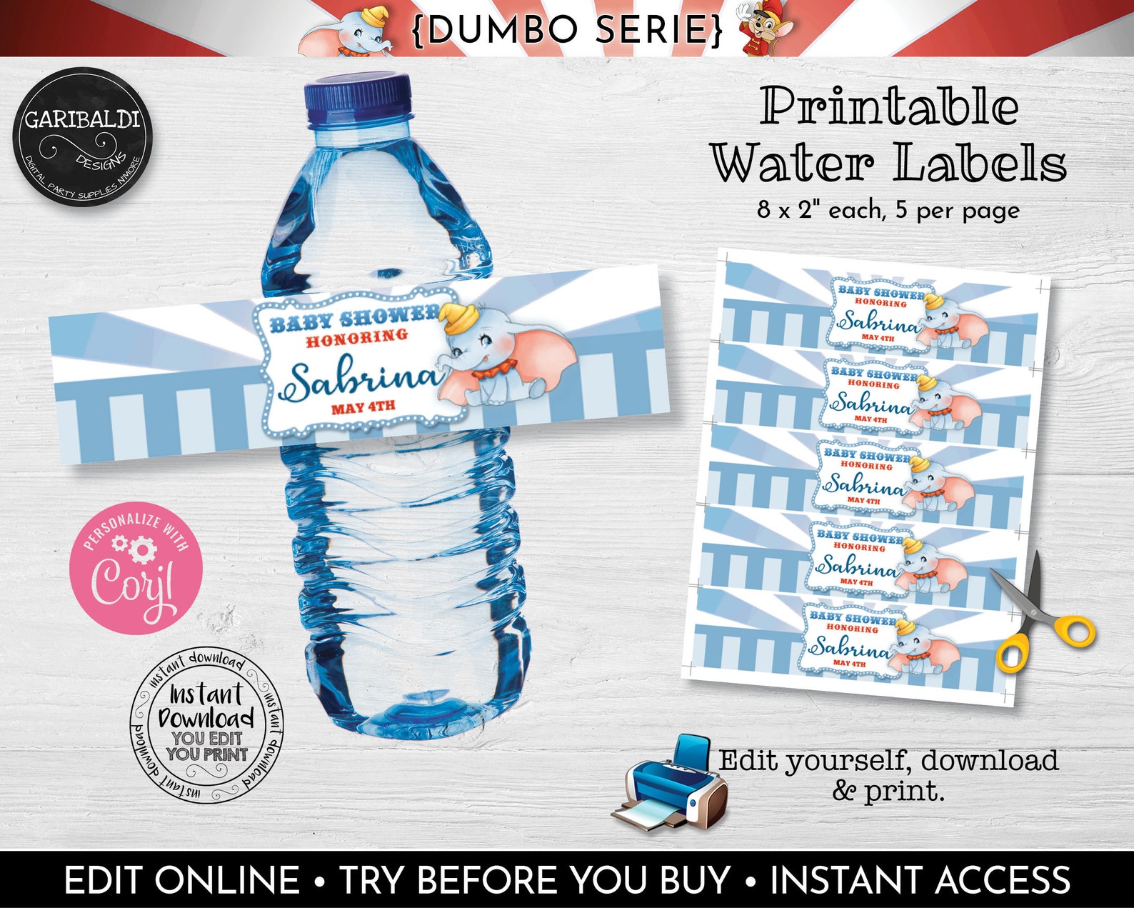 Editable Dumbo Water Bottle Labels Printable Dumbo Blue Water - Etsy