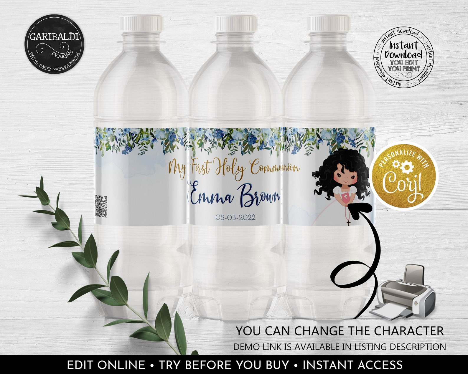 Editable First Communion Water Labels Printable Blue Flowers First Holy ...