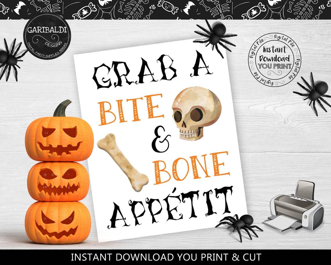 Printable Grab a Bite & Bone Appétit Sign Digital Halloween - Etsy