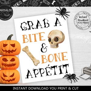 Printable Grab a Bite & Bone Appétit Sign, Digital Halloween Wall Art ...
