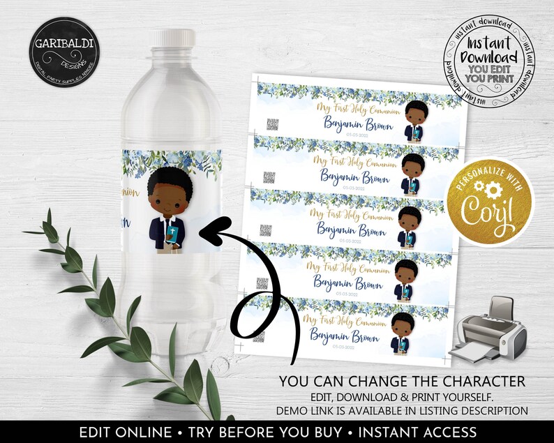 Editable First Communion Water Labels Printable Blue Flowers - Etsy