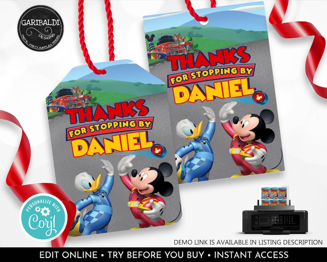 Editable Mickey Roadster Racers Favor Tags Racing Cars Thank You Cars ...