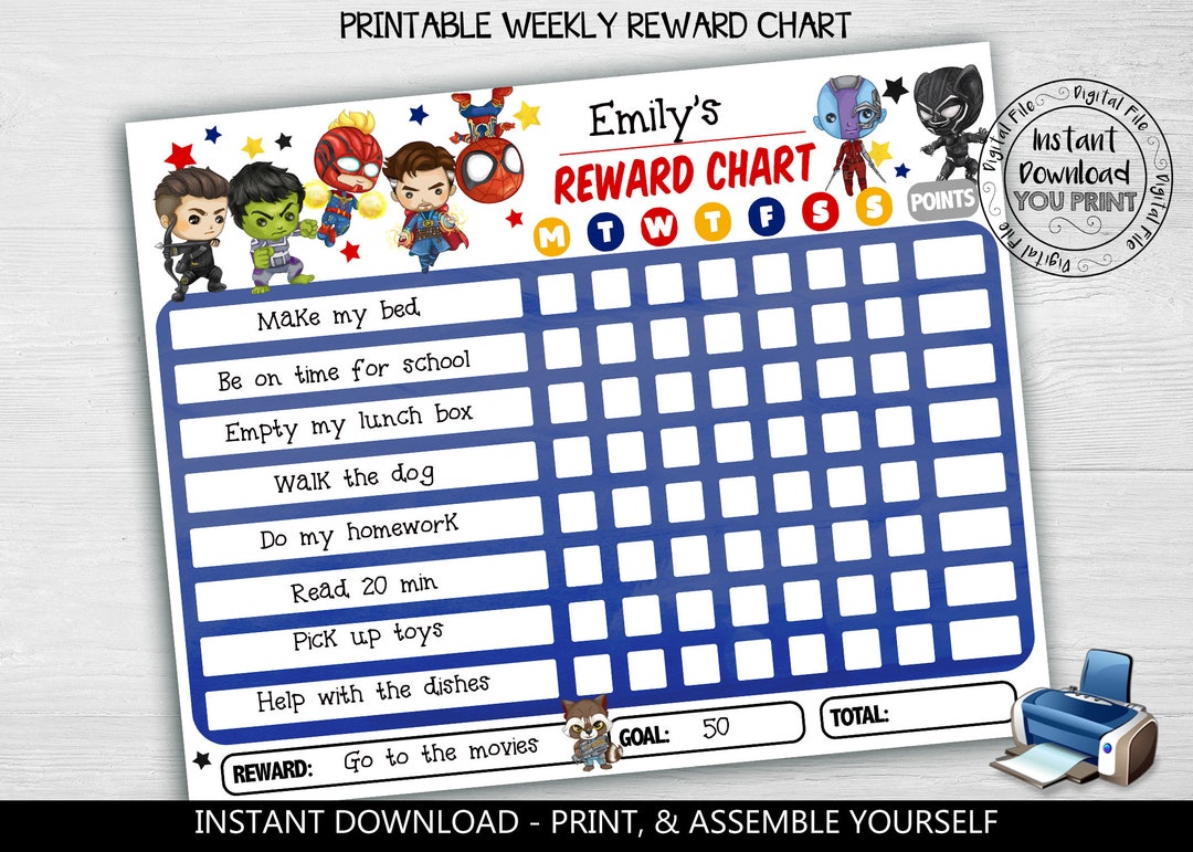 Instant Download Superhero Reward Chart, Printable Reward Chart, Daily ...