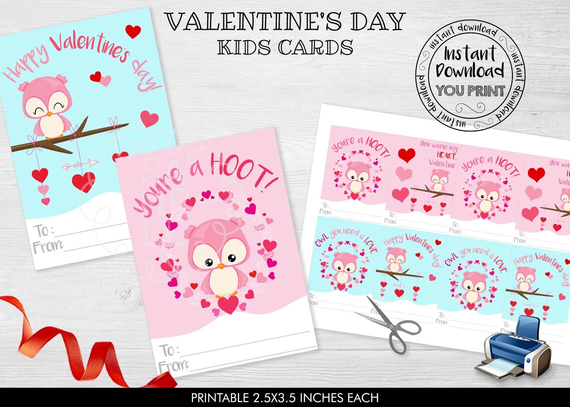 Owl Valentine's Day Cards Printable Owl Valentine Cards - Etsy