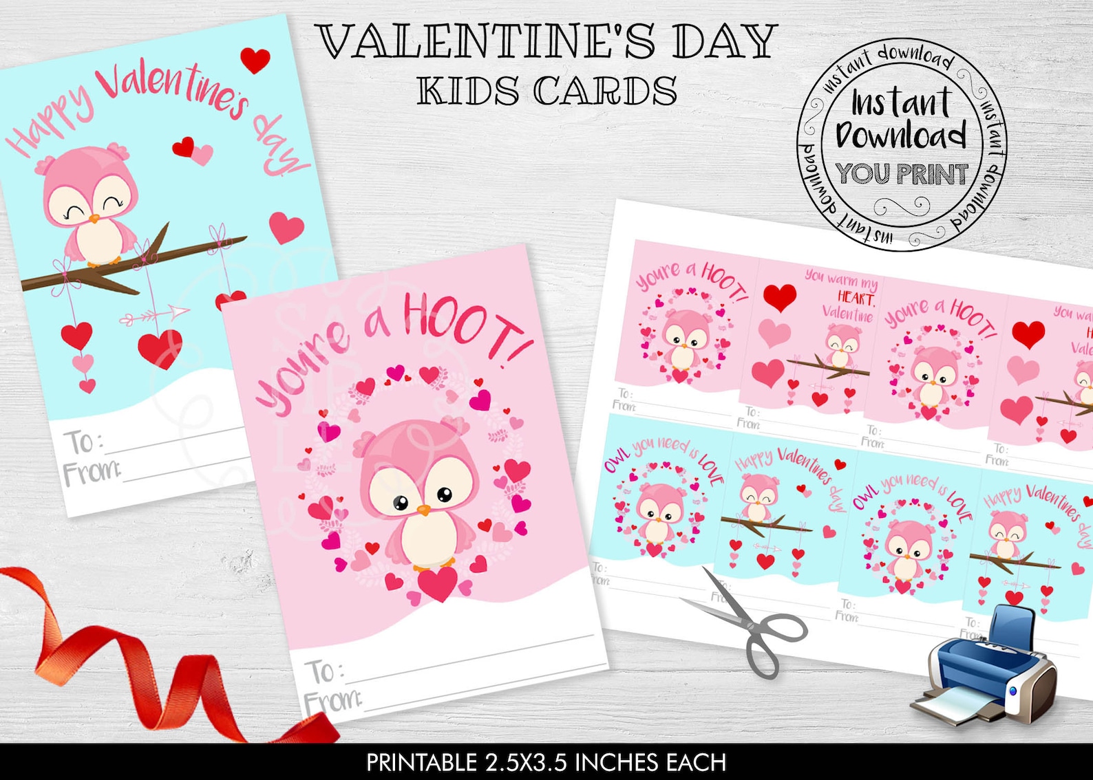 Owl Valentine's Day Cards Printable Owl Valentine Cards - Etsy
