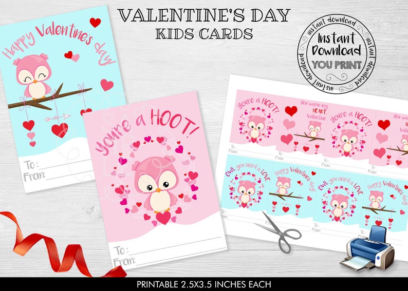 Owl Valentine's Day Cards Printable Owl Valentine Cards - Etsy