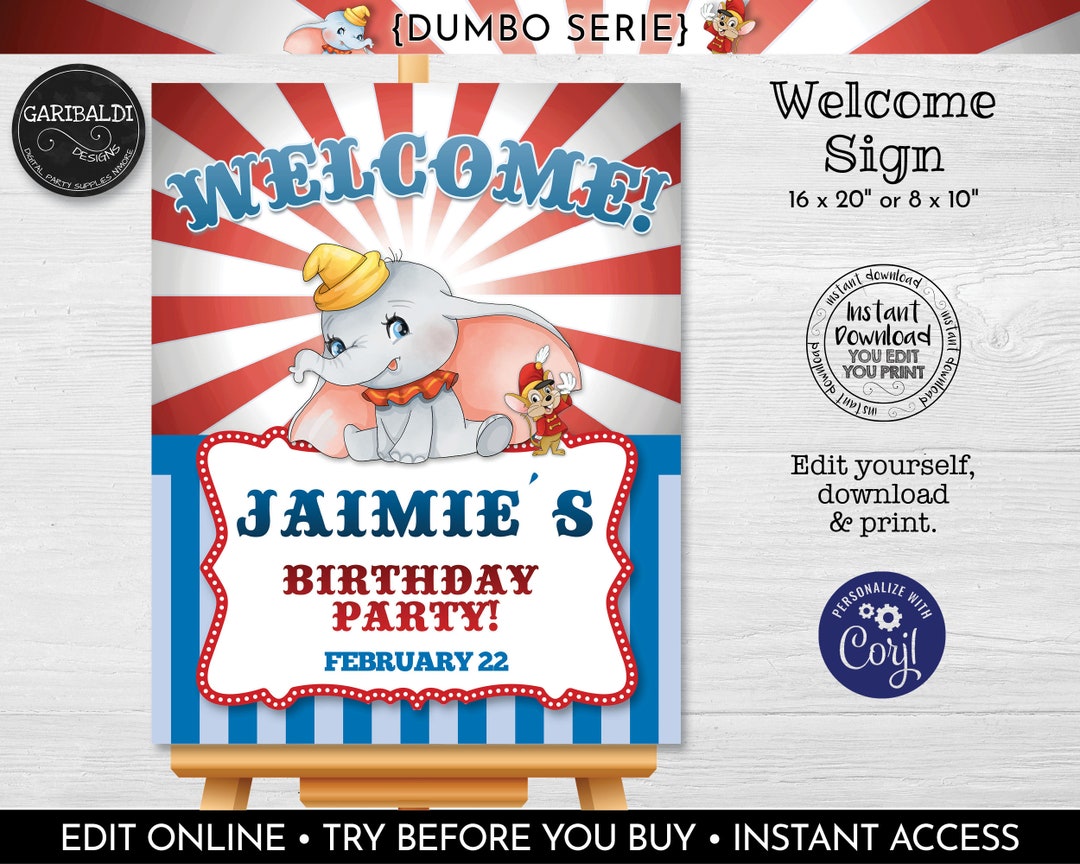 Editable Dumbo Welcome Board, Dumbo Circus Welcome Poster, Instant ...