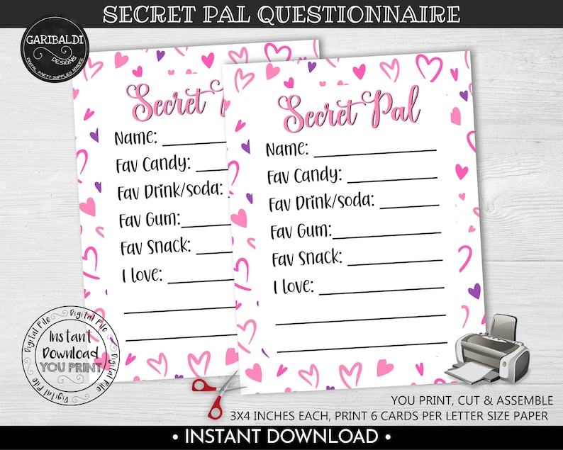 Valentine's Day Secret Pal Questionnaire, Printable Gift Exchange Wish ...