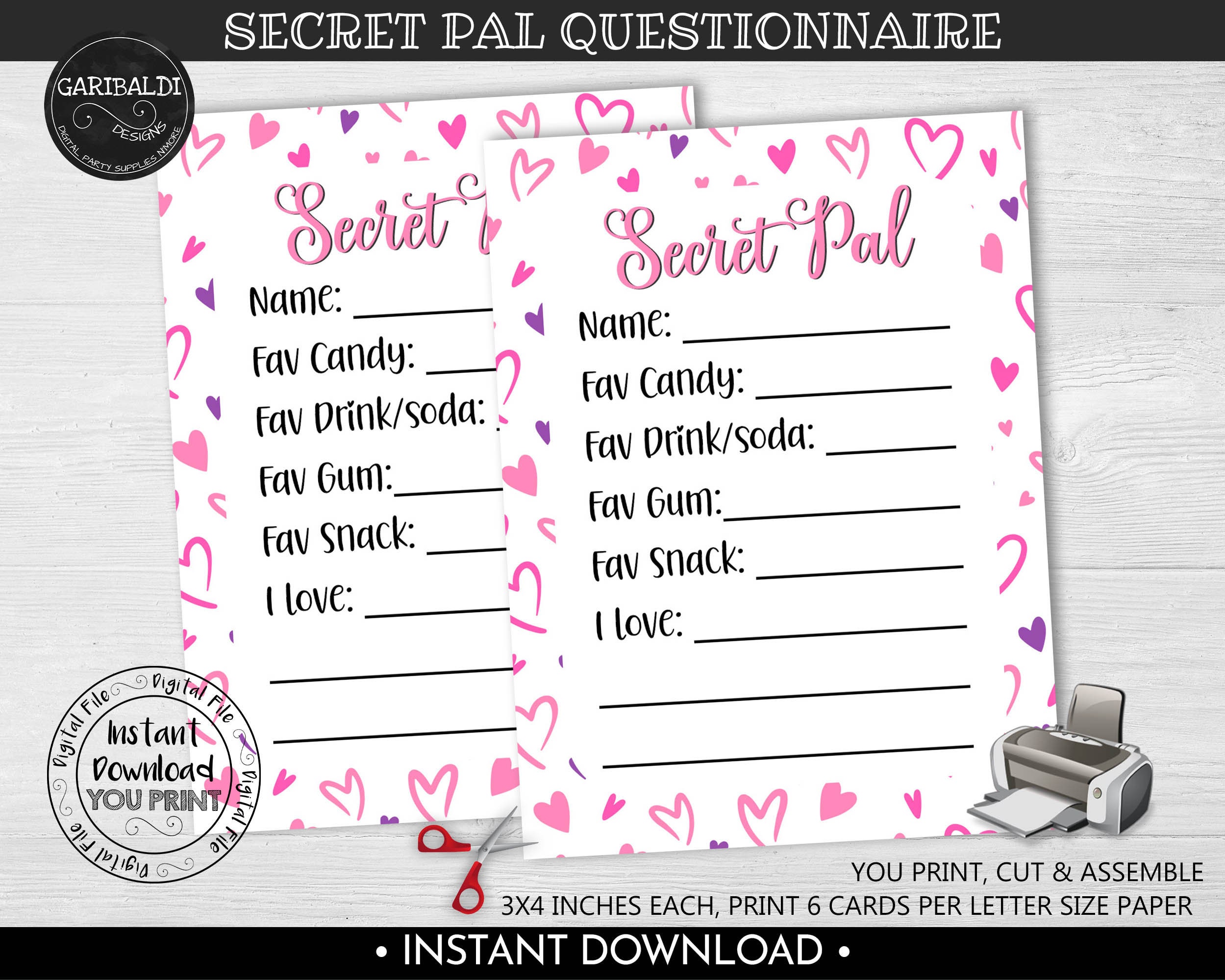 Valentine's Day Secret Pal Questionnaire, Printable Gift Exchange Wish ...