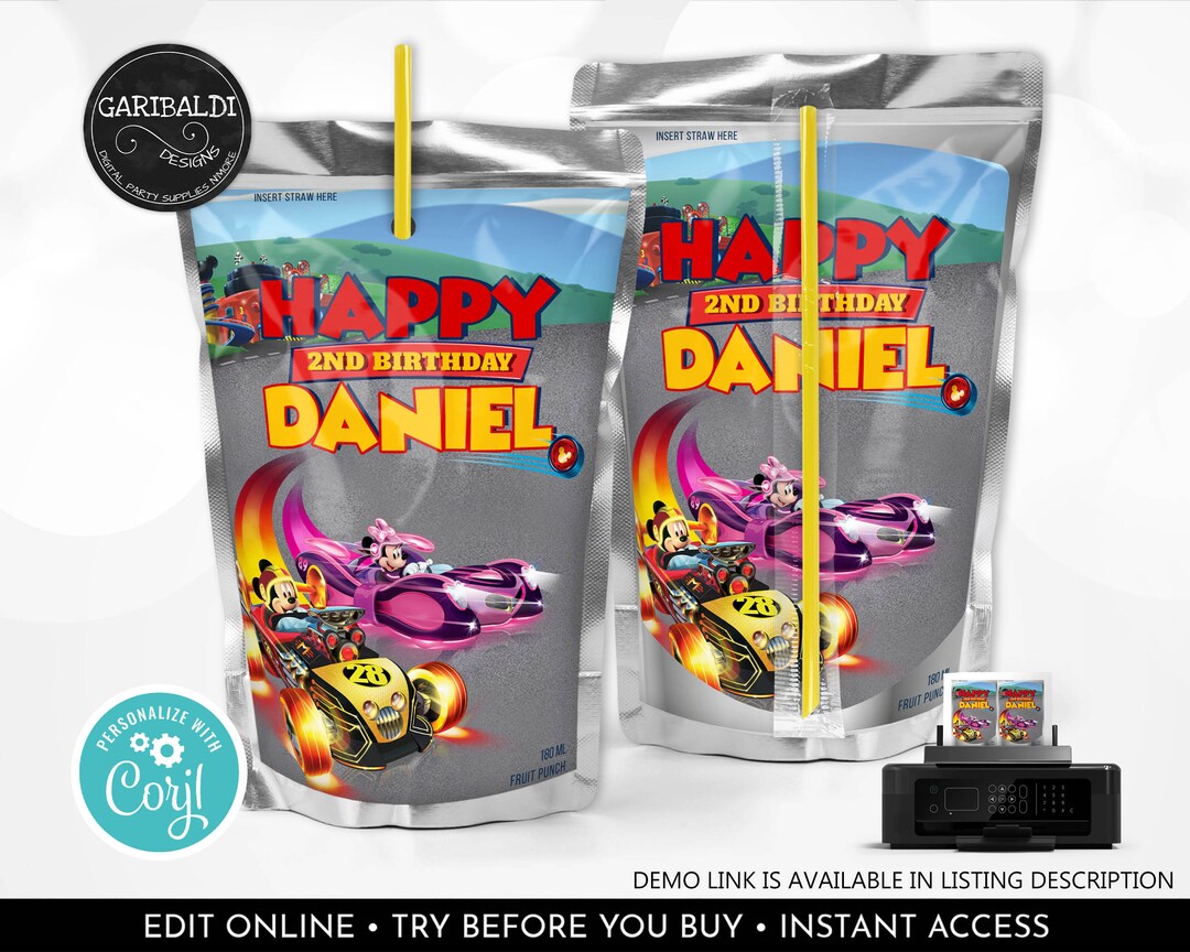 Editable Mickey Roadster Racers Juice Pouch Labels Racing Cars Favor ...