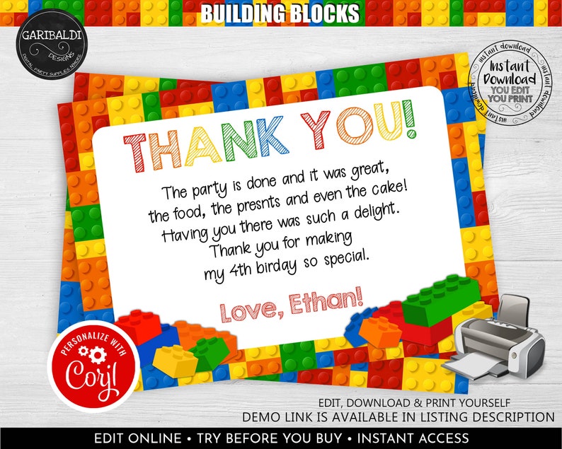 Editable Building Blocks Thank You Card Instant Download - Etsy