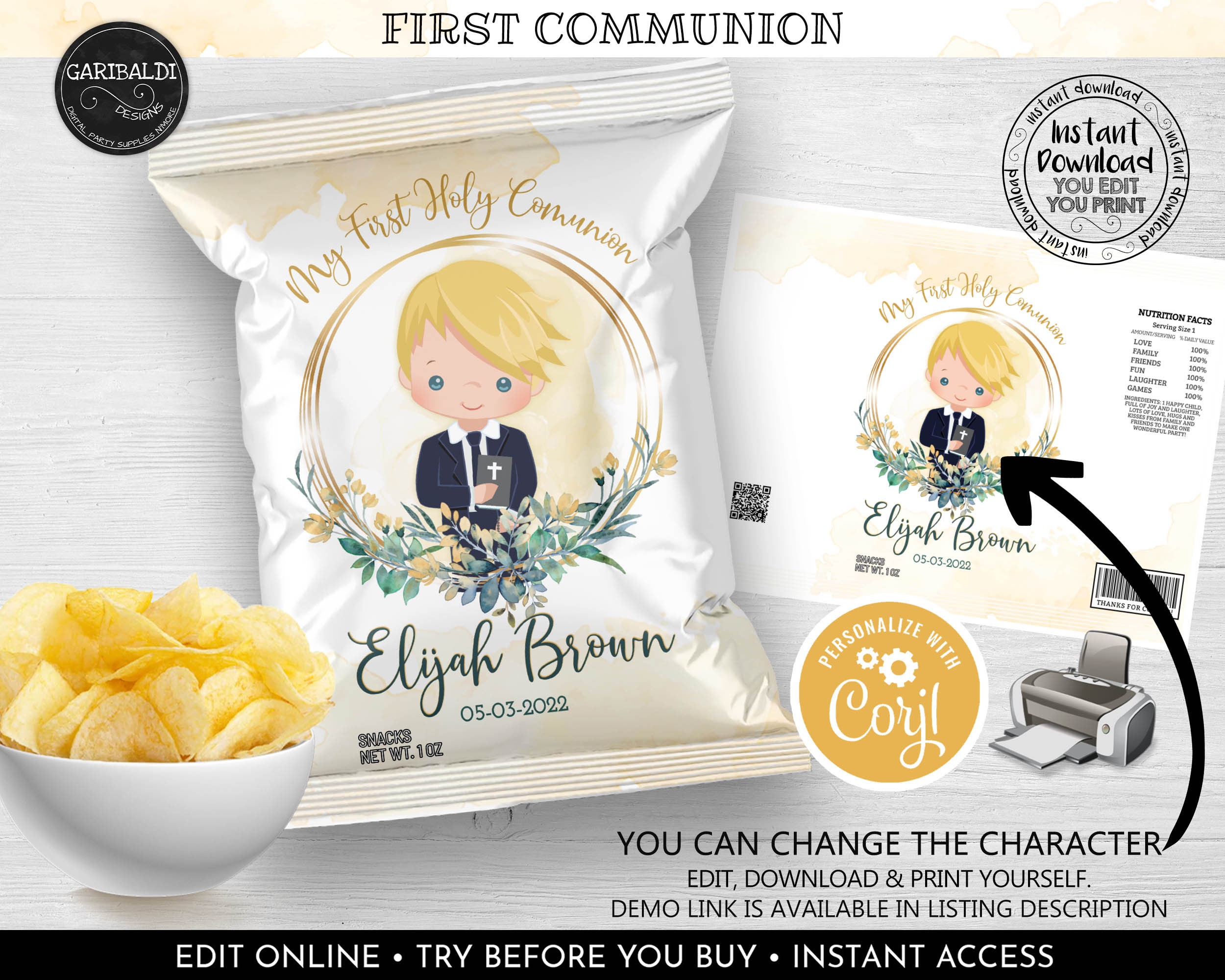 Editable First Communion Chip Bag Wrapper Printable Boy First | Etsy