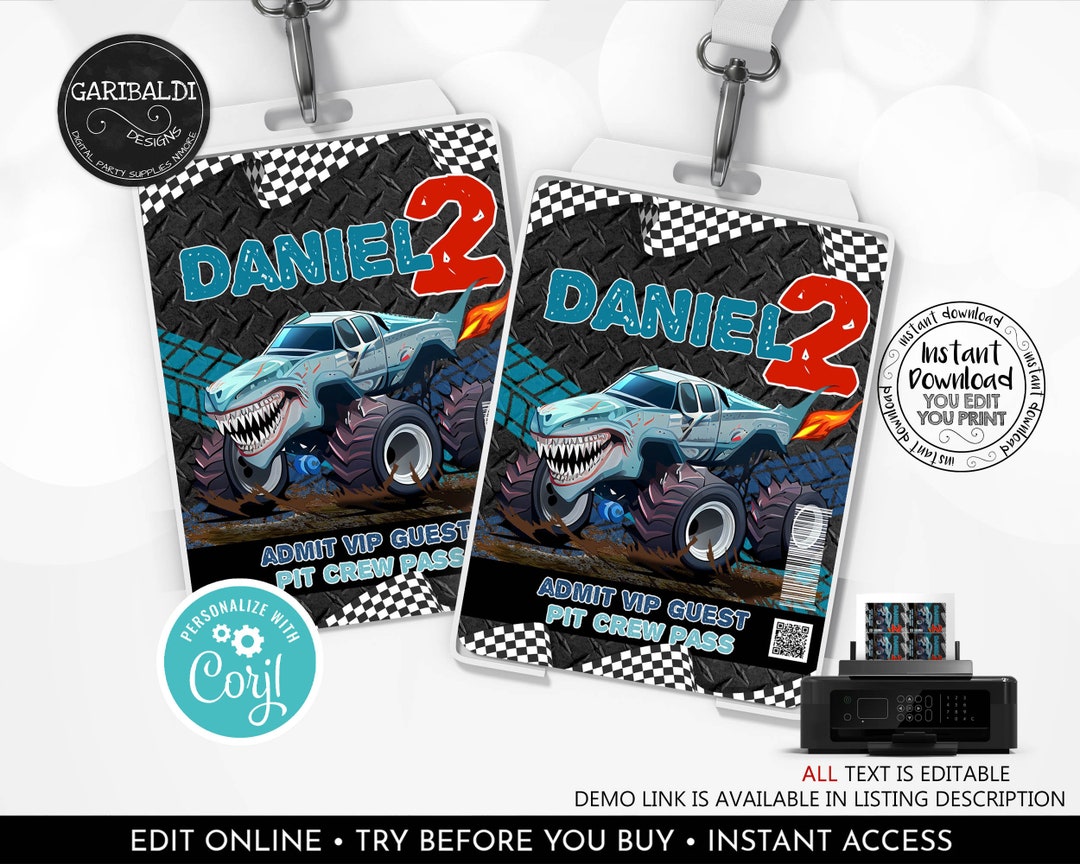 Editable Monster Truck VIP Pit Pass Badge Monster Truck Rally Shark ...