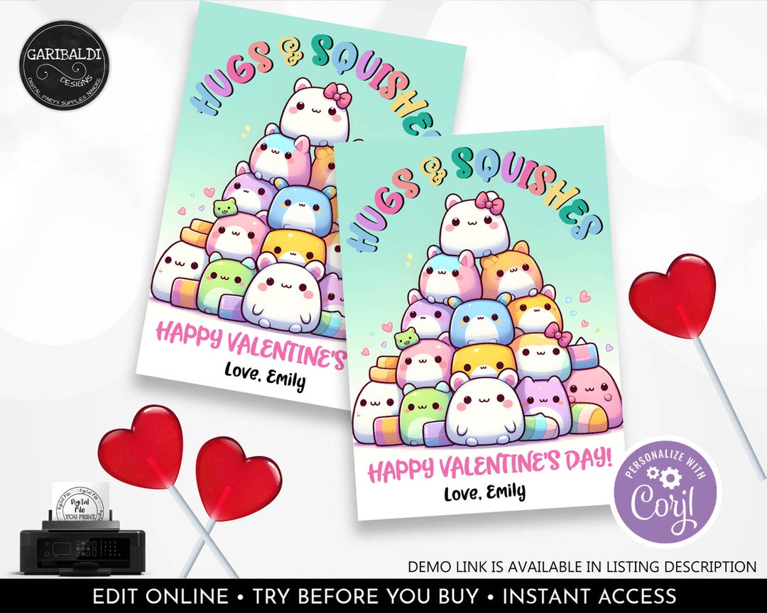 Editable Squish Valentine's Day Cards Hugs and Shishes Valentines Gift ...