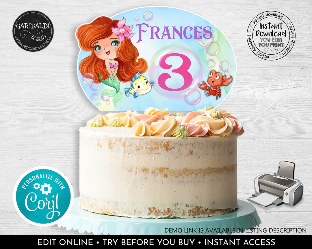 Editable Little Mermaid Cake Topper Printable Under the Sea ...