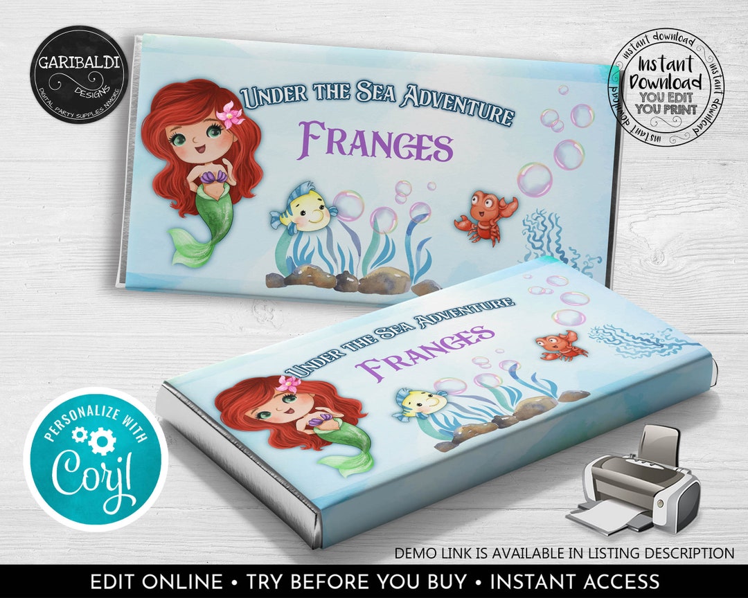 Editable Little Mermaid Candy Bar Wrapper Instant Download Mermaid Chocolate Wrapper Under the ...