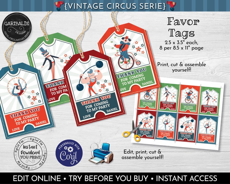Editable Circus Favor Tags Vintage Circus Gift Tags Instant Download ...