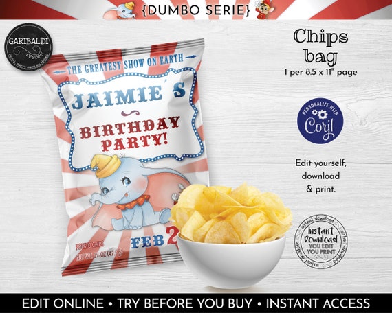 Editable Circus Chip Bag Dumbo Chip Bag Template Dumbo Circus | Etsy