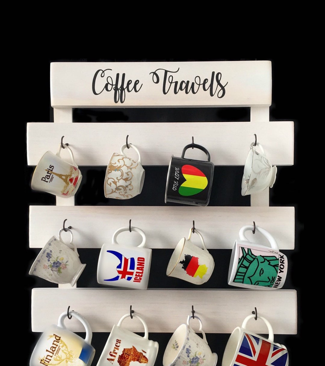 Whitewash Coffee Travels Mug Rack White Kitchen Decor Coffee Bar Wall ...