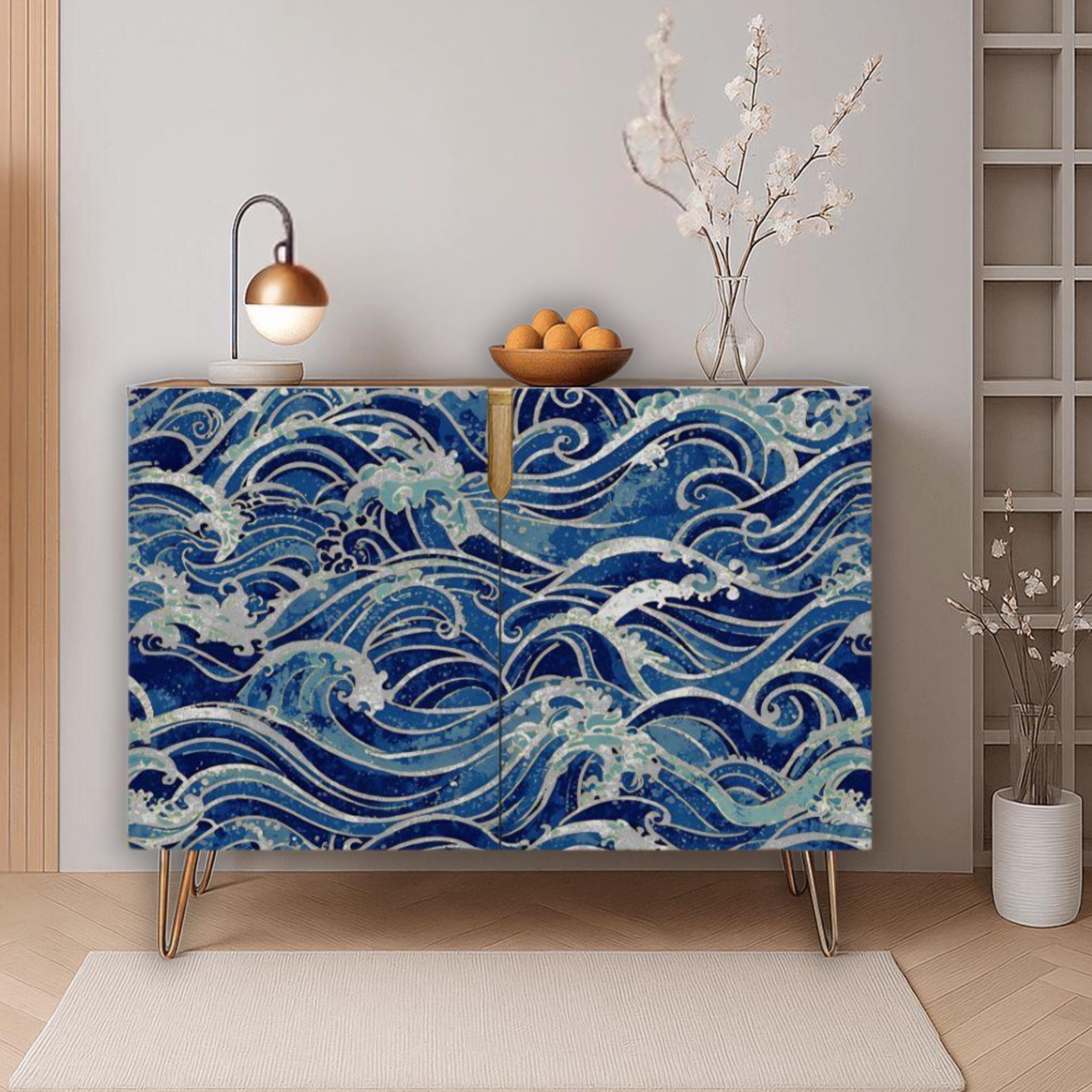 Ocean Waves Modern Wooden Storage Cabinet, Coastal Home Accent ...