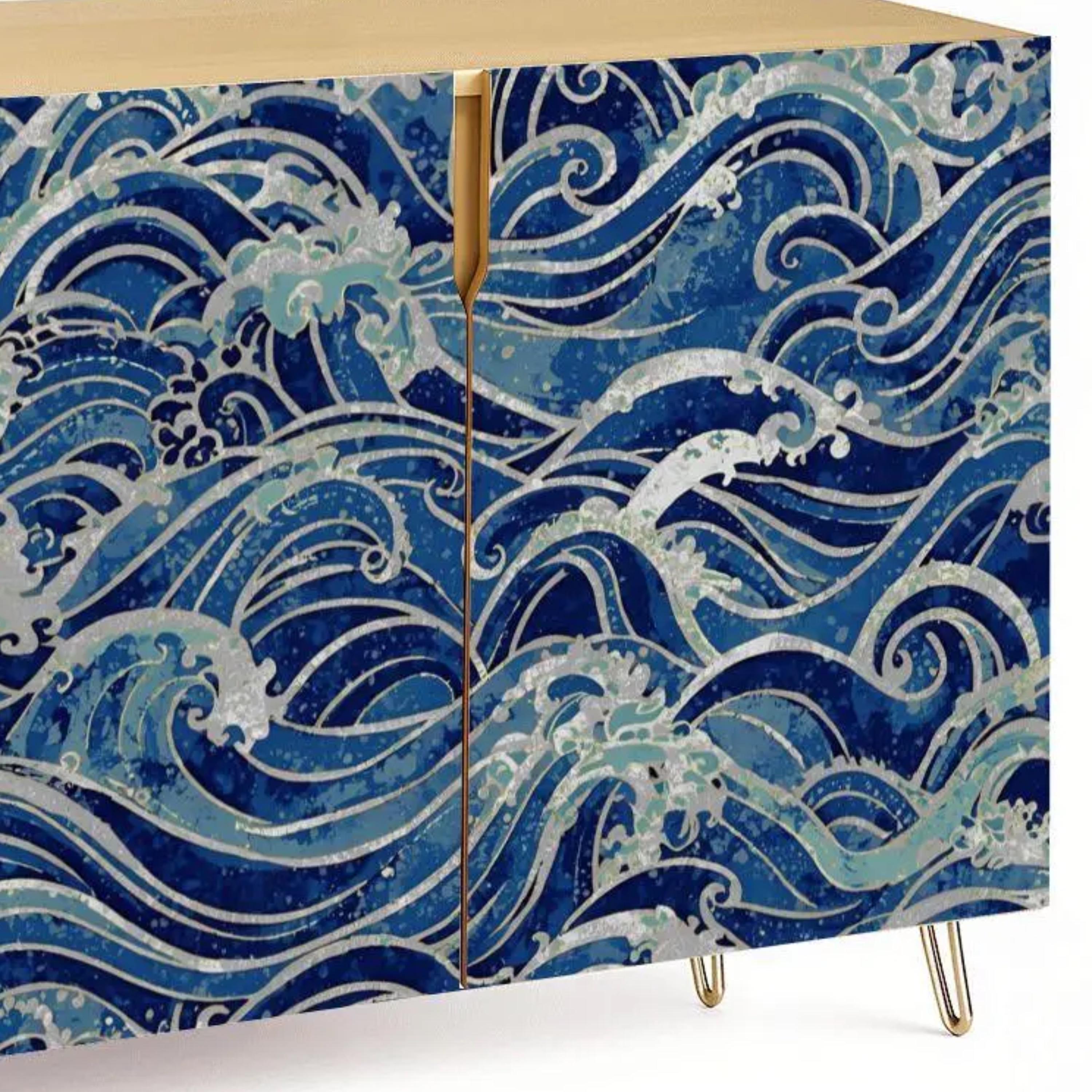 Ocean Waves Modern Wooden Storage Cabinet, Coastal Home Accent ...