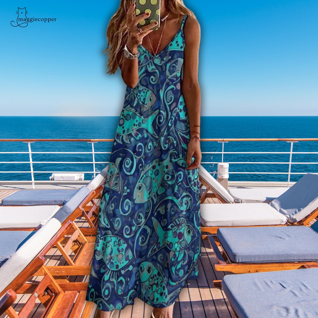 Fish Art Maxi Dress | Long Sling Beachy Sundress | Cruise Dress | Flowy ...